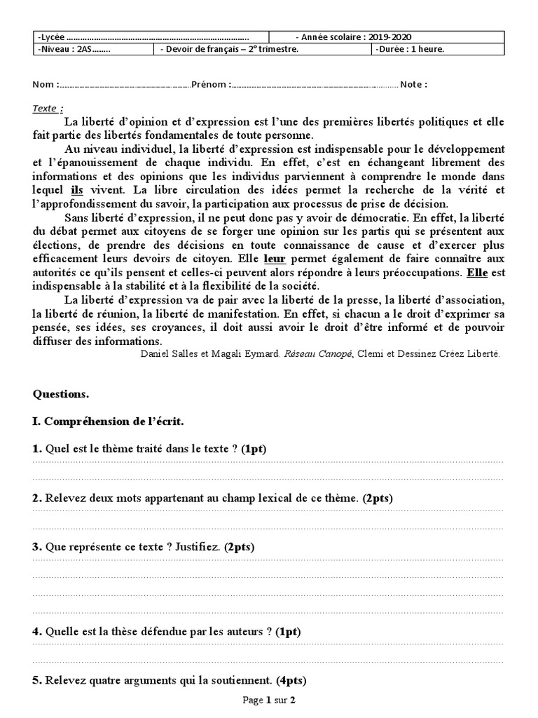 2AS-Devoir 2-2° Trim. 2019-2020 | PDF | Liberté | Liberté d'expression