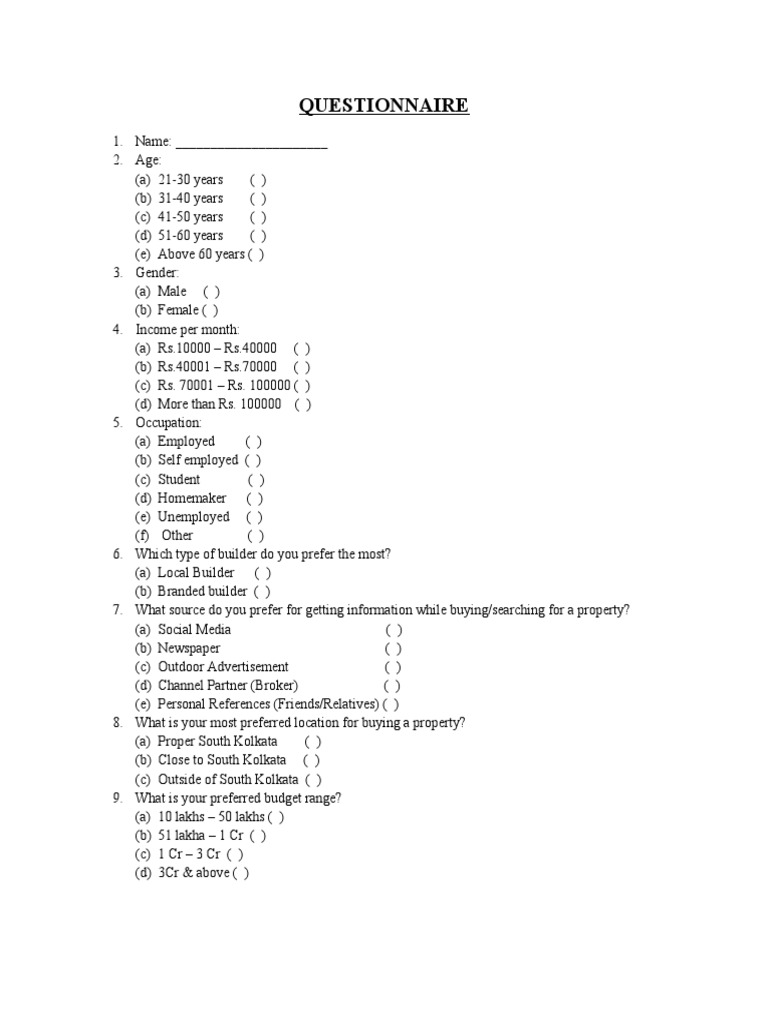 QUESTIONNAIRE for dissertation | PDF | Banks | Mortgage Loan