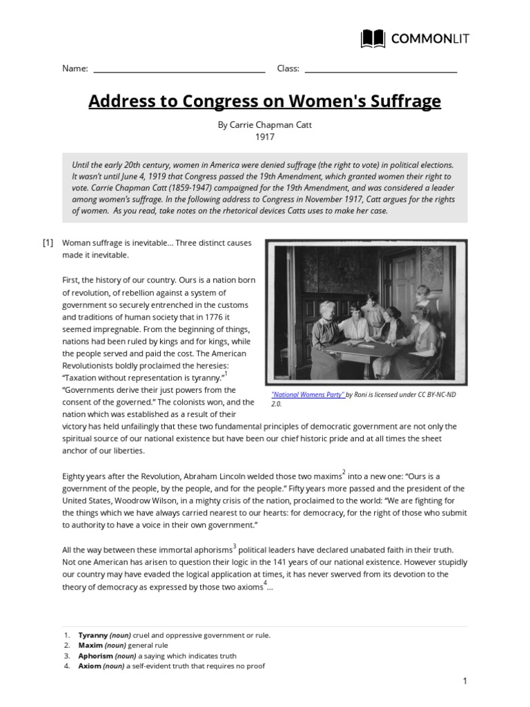 Address To Congress On Women's Suffrage: Name: Class | Download Free ...