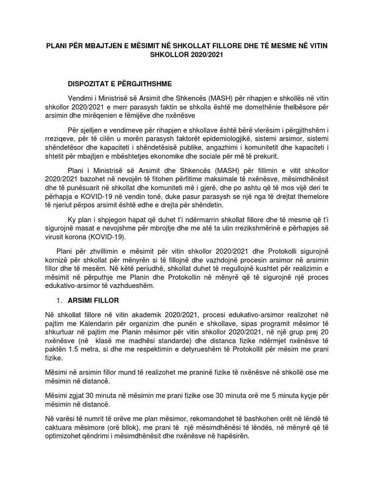 Plani Per Mbajtjen e Mesimit Ne Shkollat Fillore Dhe Te Mesme Ne Vitin ...