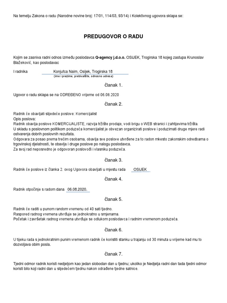 Predugovor o Radu | PDF