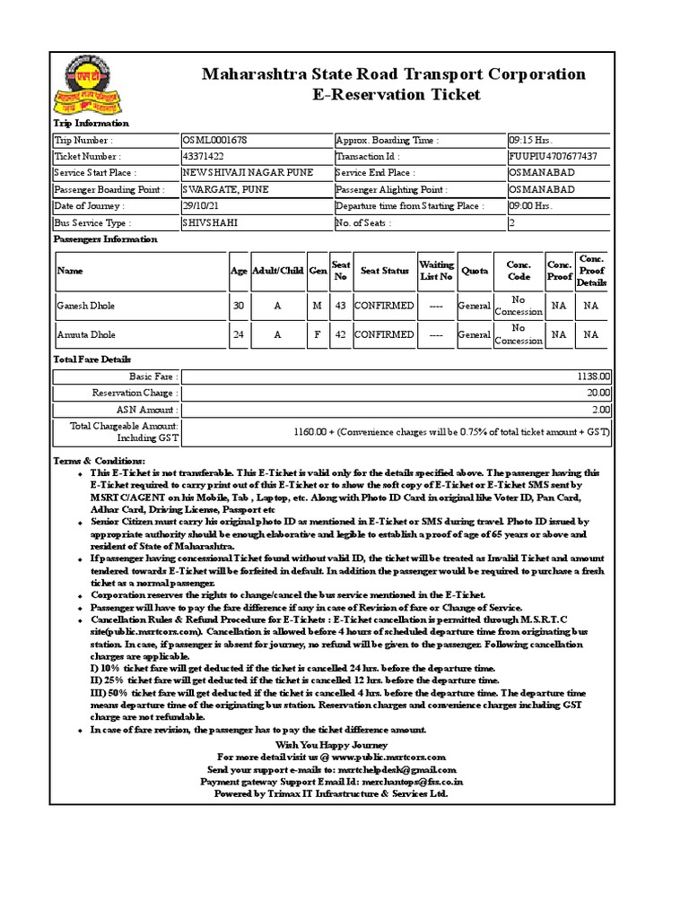 MSRTC - Online Reservation System | PDF | Identity Document | Fare