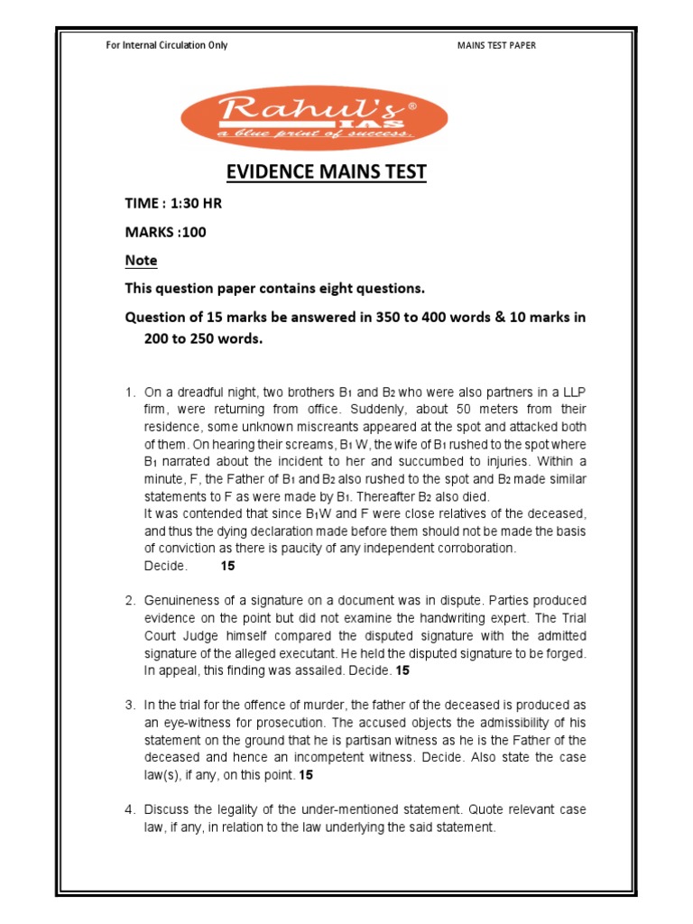 Evidence Mains Test | PDF | Evidence (Law) | Government Evidence Mains Test | PDF | Evidence (Law) | Government
