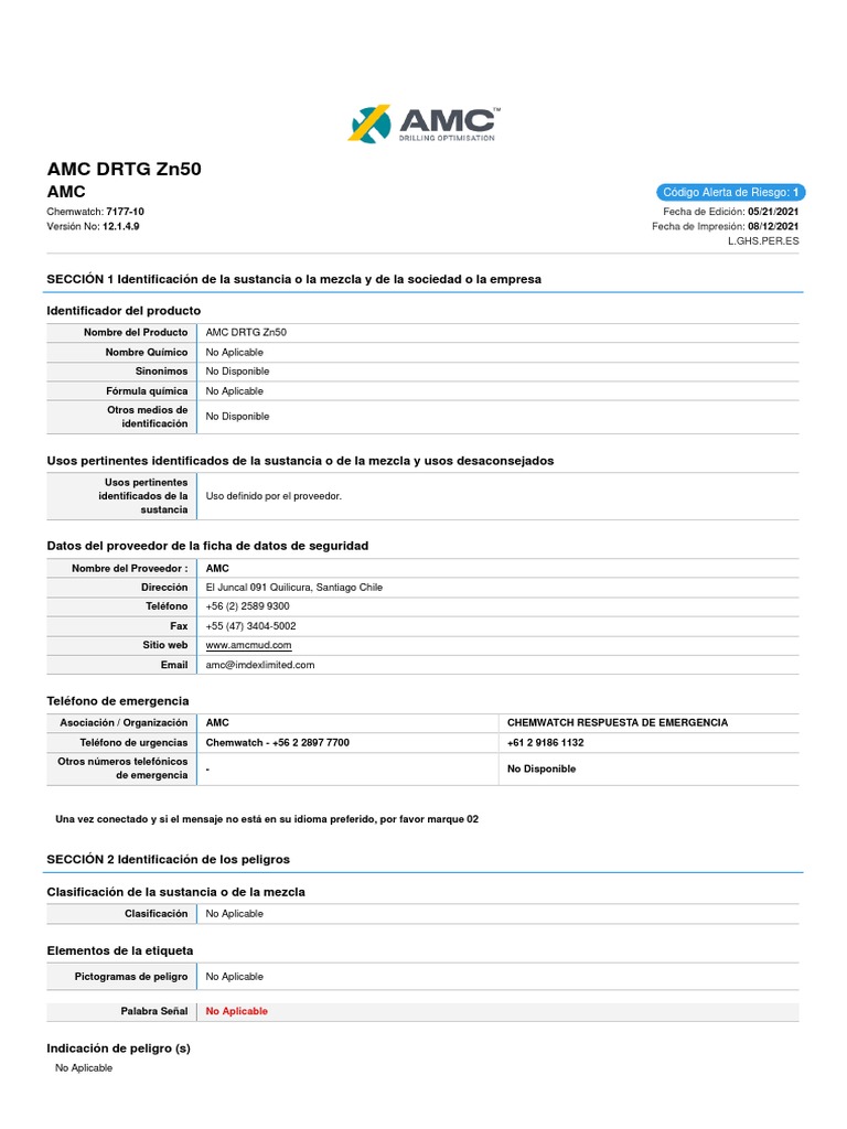 SDS - Thread Grease ZN-50 - Amc | PDF | Agua | Contaminación
