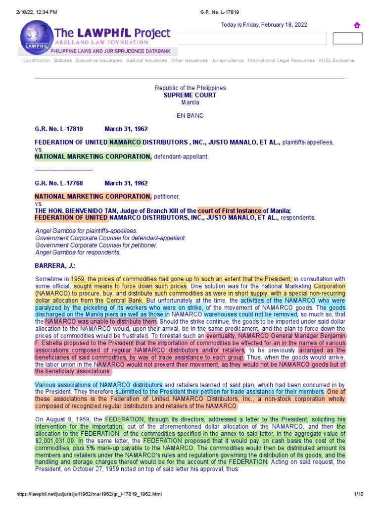 G.R. No. L-17819 A. Federation of United Namarco Distributors vs ...