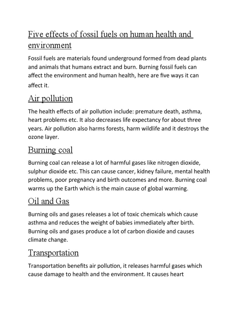 Five Effects of Fossil Fuels On Human Health and Environment | PDF