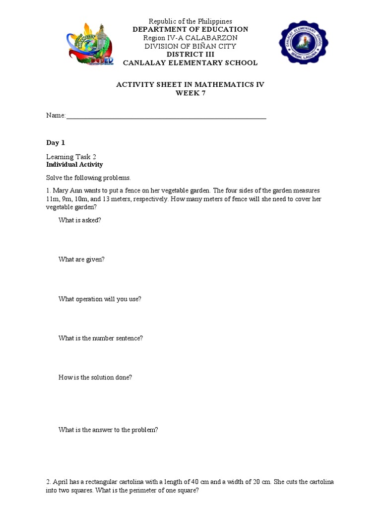 Math Q3 Week 7 Activity Sheet | PDF | Mathematics