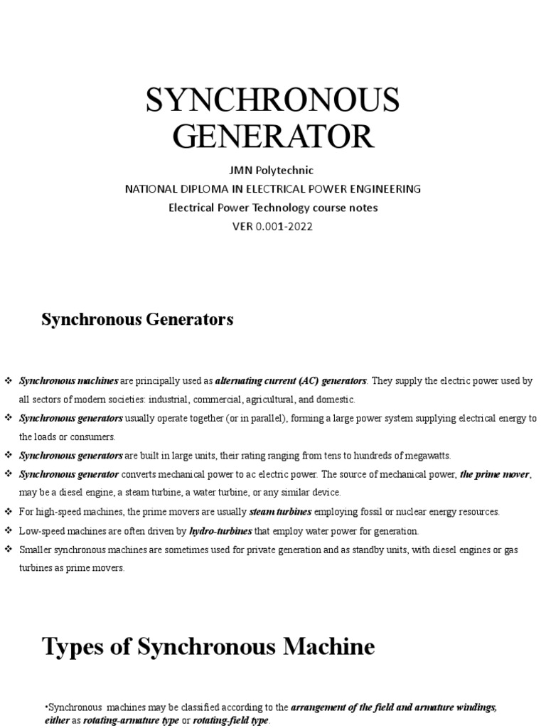 Lecture Notes On SYNCHRONOUS GENERATOR | PDF | Electric Generator | Engines