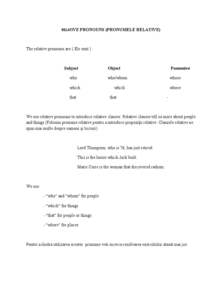 Ve Pronouns (Pronumele Relative) : Relati | PDF