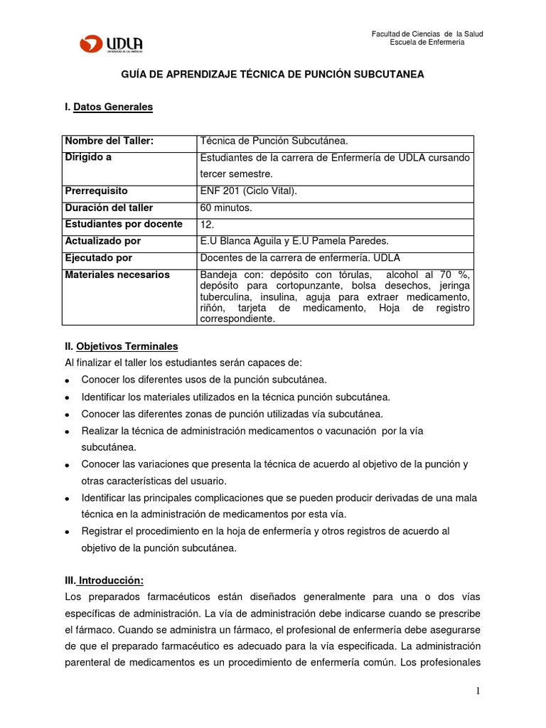 CES 11 Guia Taller Puncion Subcutanea | PDF | Inyección (medicina ...