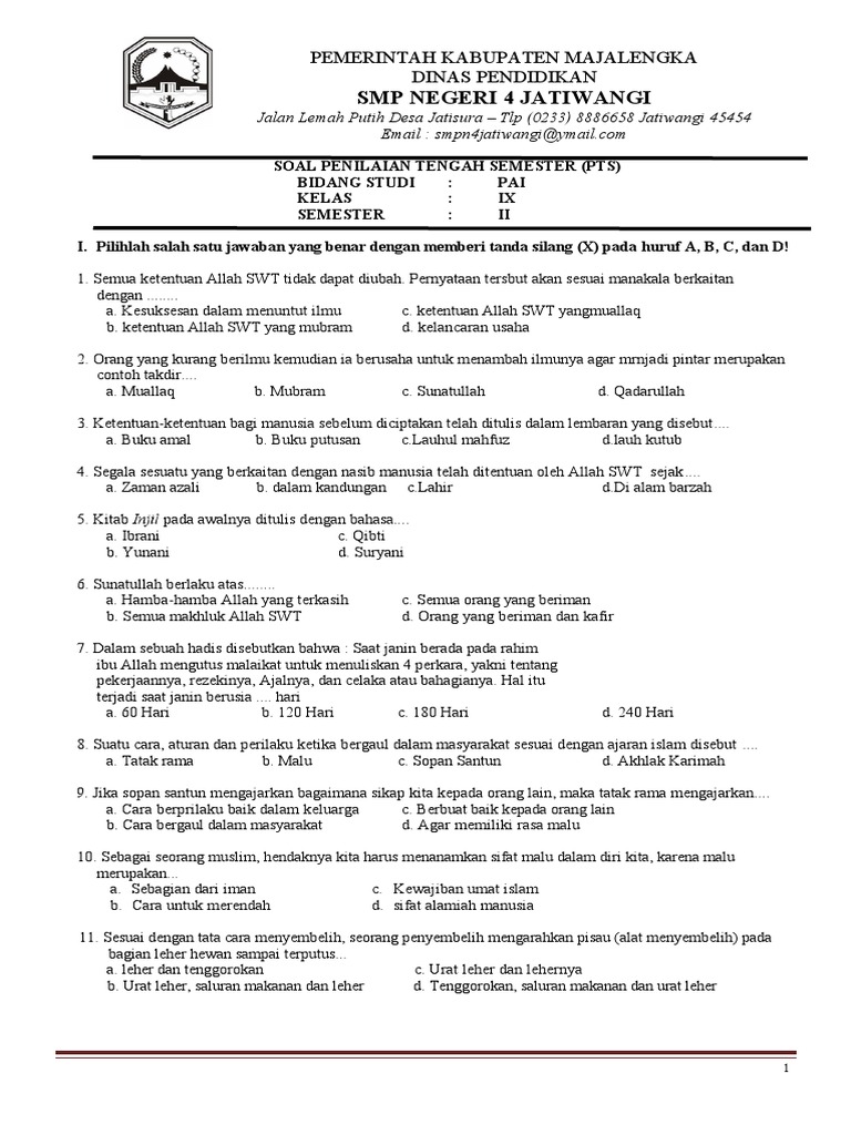 Soal PTS PAI Kelas VIII Ganjil | PDF