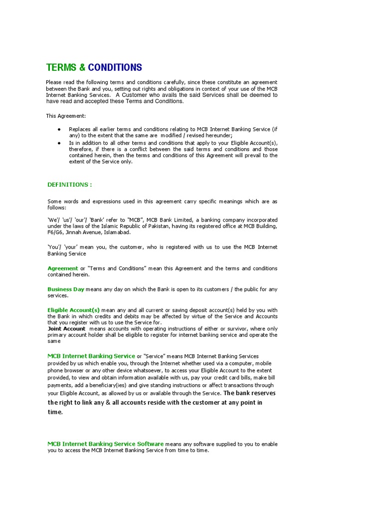 MCB Internet Banking Terms & Conditions | PDF | Overdraft | Banks