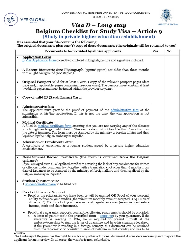 Belgium Checklist For Study Visa - Article 9: Visa D - Long Stay | PDF ...