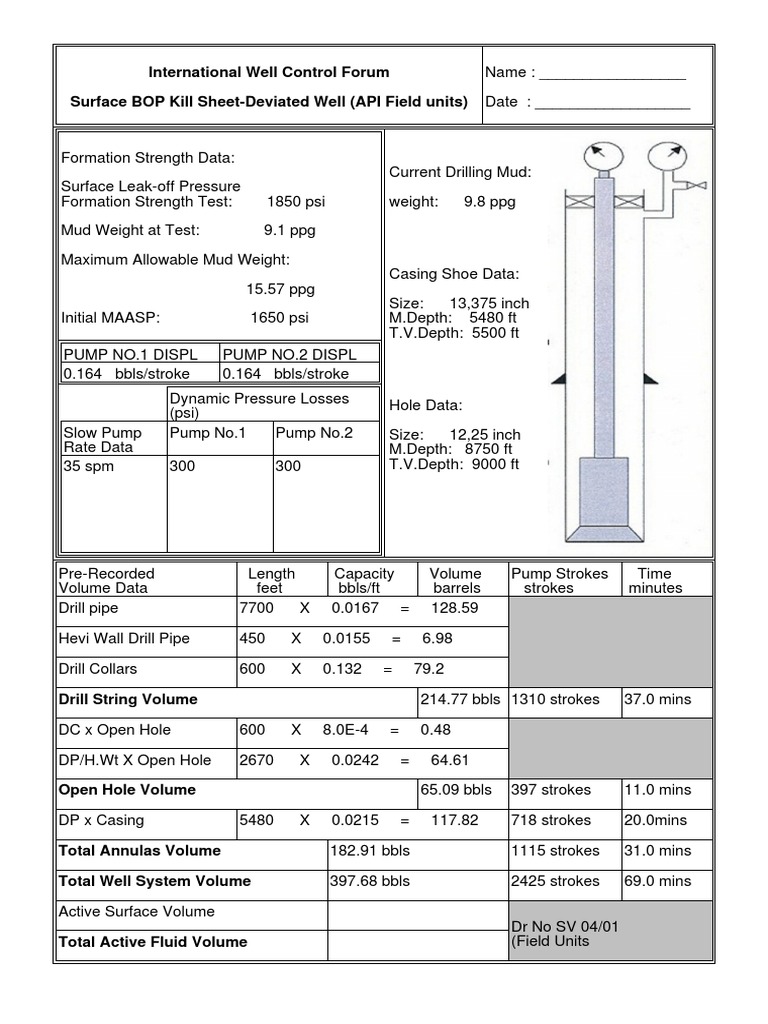 Surface BOP Kill Sheet for a Deviated Well in API Field Units | PDF | Chemical Engineering ...