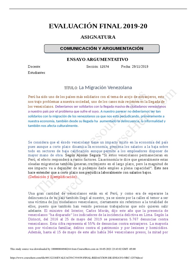 Evaluaci N Final Redaccion de Ensayo NRC 12574 | PDF | Venezuela | Perú