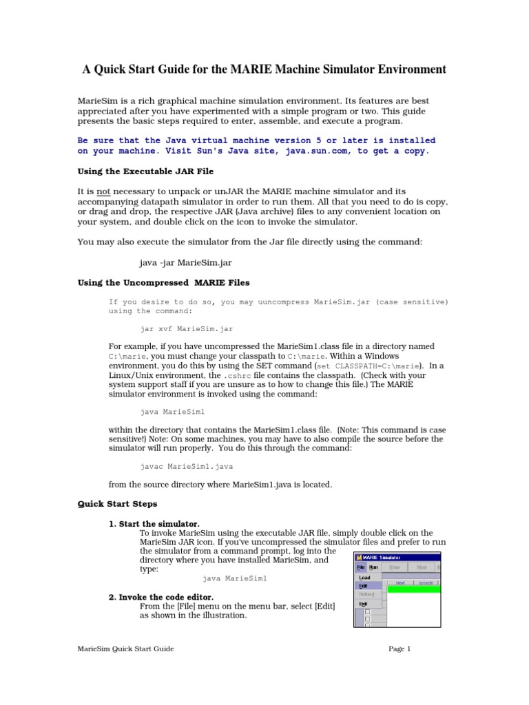 Quick start MARIE machine simulator | PDF | Java (Programming Language) | Computer Program