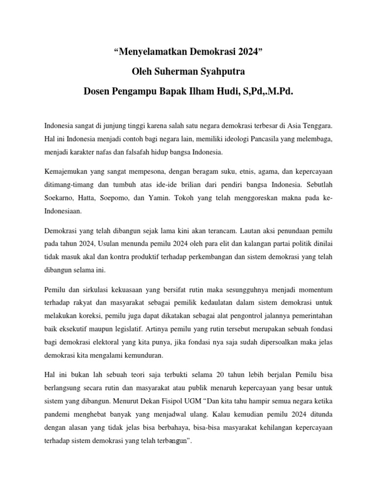 Menyelamatkan Demokrasi 2024 - Suherman Syahputra | PDF | Ilmu Sosial