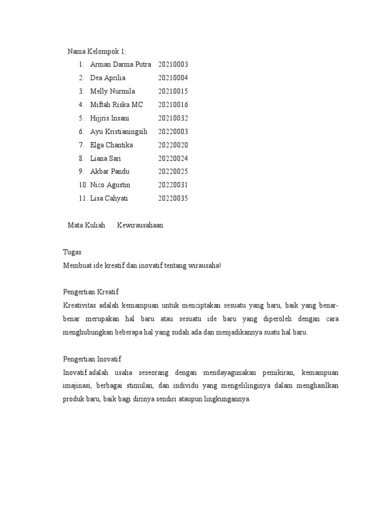 Tugas Ide Kreatif Dan Inovatif | PDF