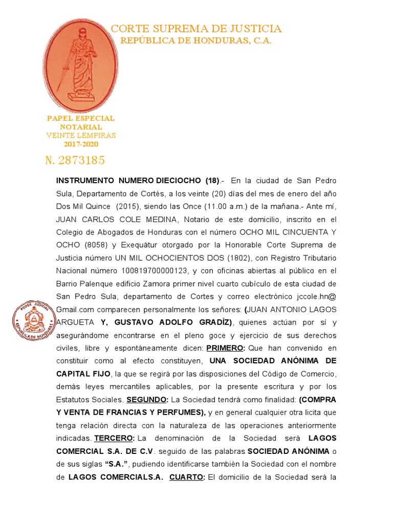 Constitucion de Sociedad Anonima Lagos Comerciales S.A. de C.V. | PDF | Honduras | Justicia