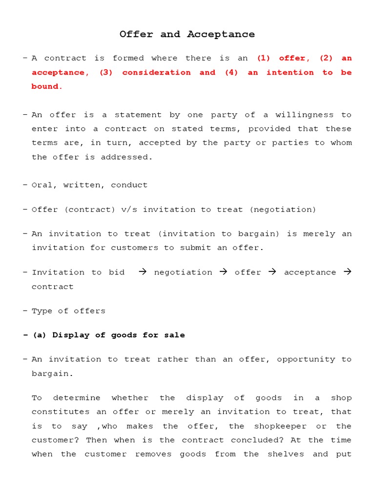 Offer, (2) An Acceptance, (3) Consideration and (4) An Intention To Be ...