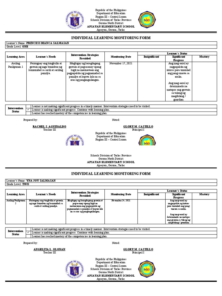 Individual Learning Monitoring Form | PDF | Government | Philippines