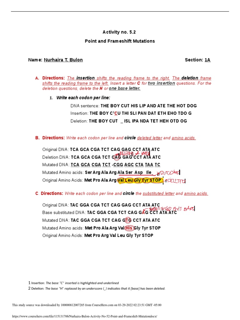 Activity No. 5.2 Point and Frameshift Mutations | PDF | Genetic Code ...