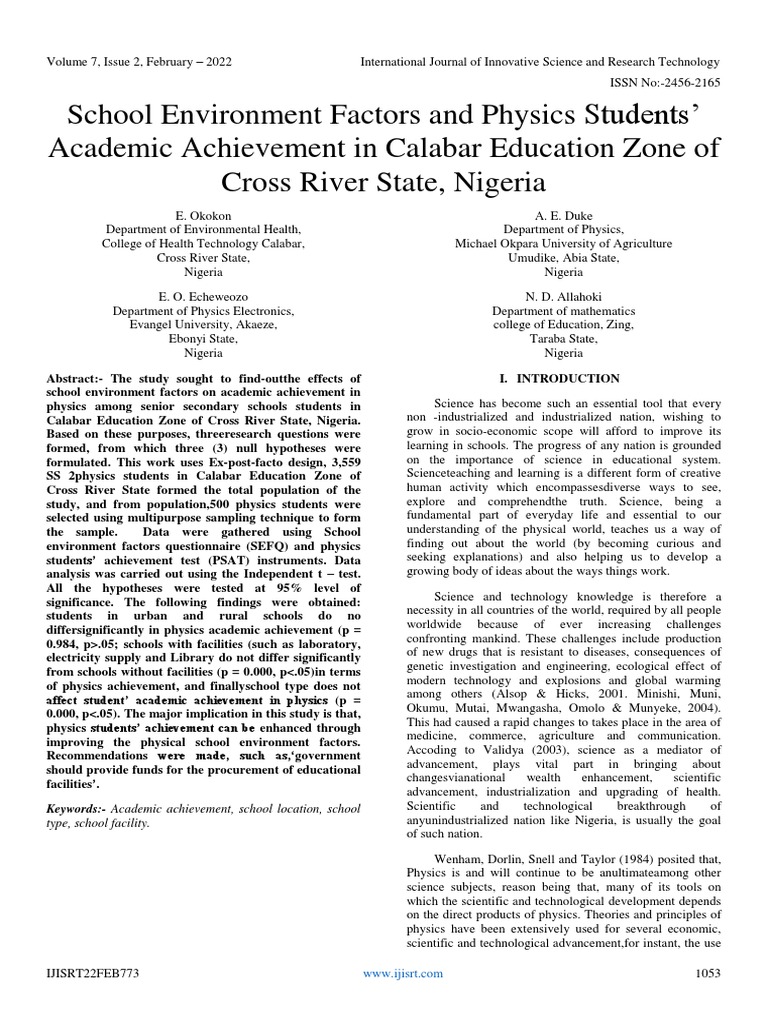 School Environment Factors and Physics Students' Academic Achievement ...