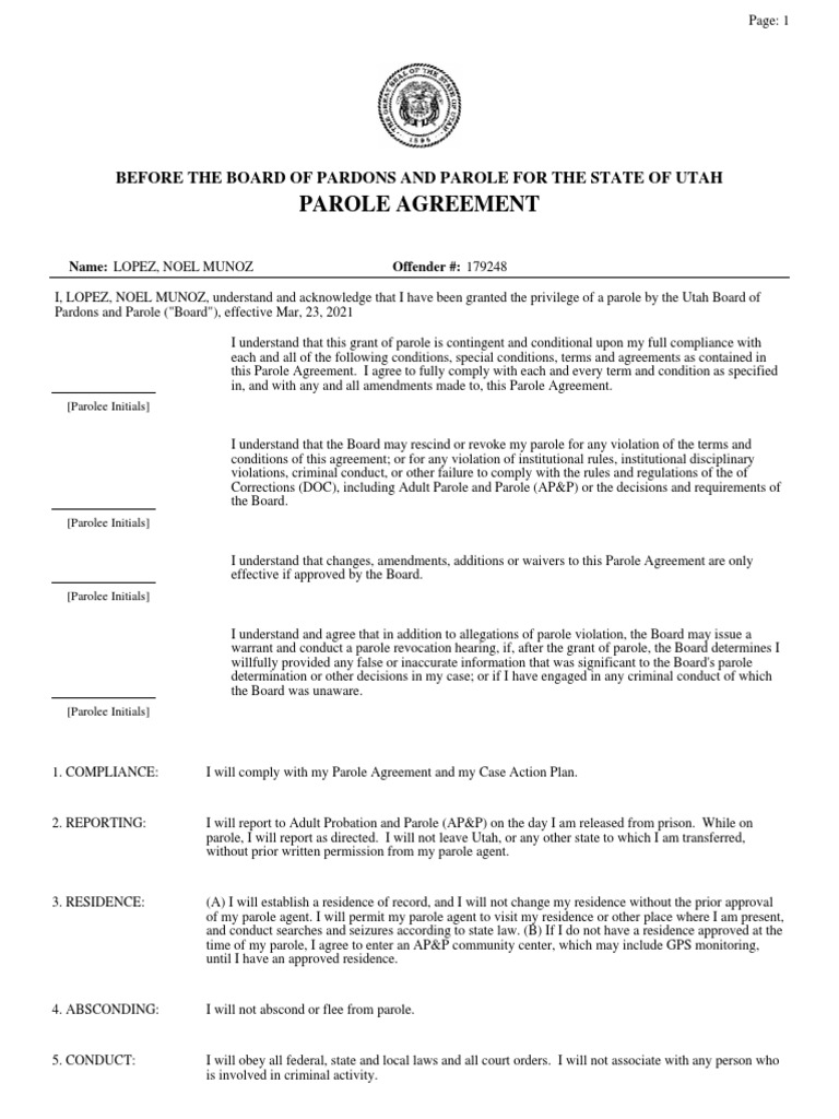 Parole Agreement | PDF | Parole | Probation