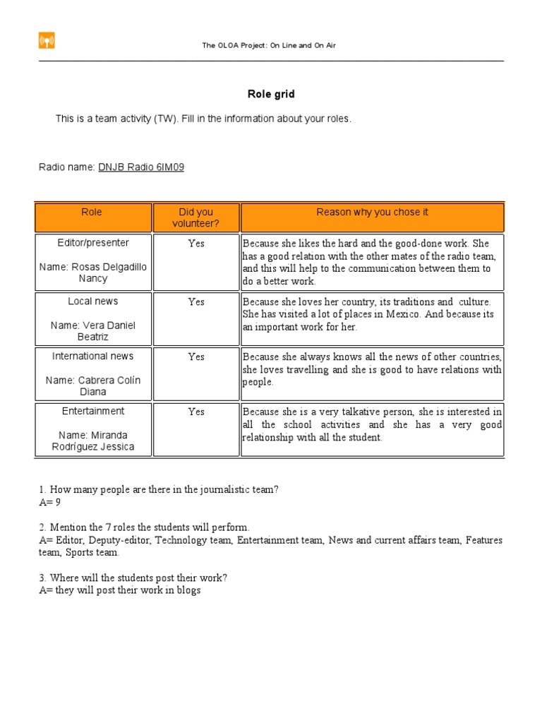 Role Grid: The OLOA Project: On Line and On Air | PDF | Career & Growth ...