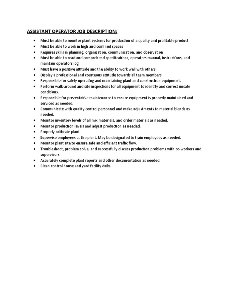 Assistant Operator Job Description | PDF