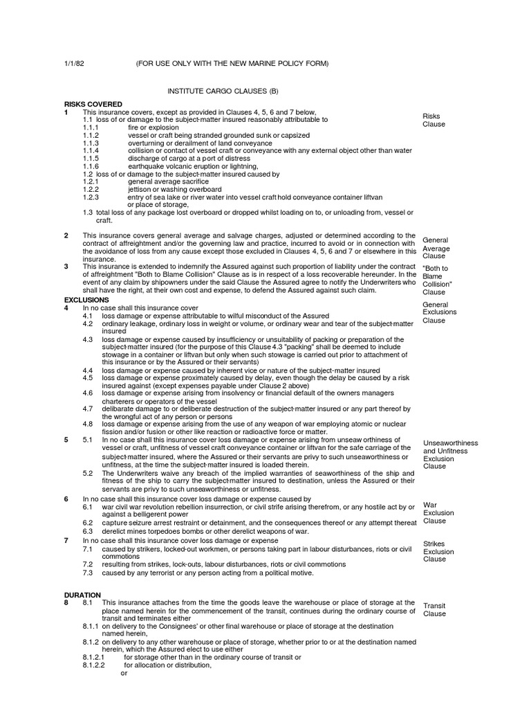 Institute Cargo Clauses B 1982 | PDF | Insurance | Private Law