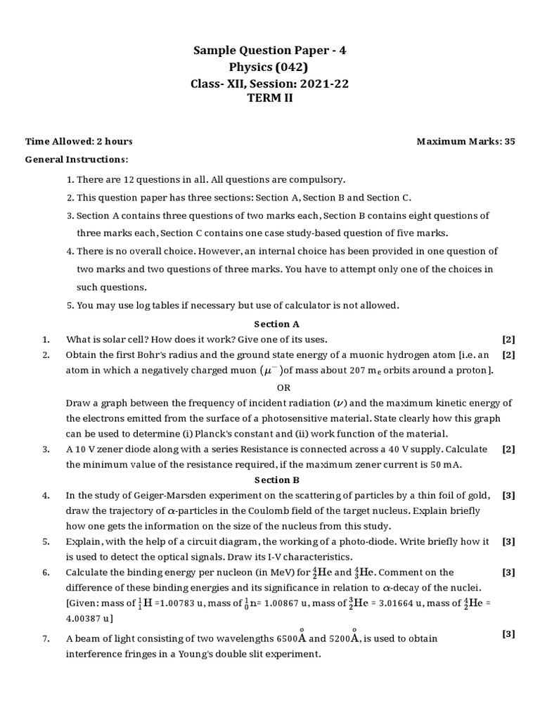 Sample Question Paper - 4 Physics (042) Class-XII, Session: 2021-22 | PDF | Photoelectric Effect ...