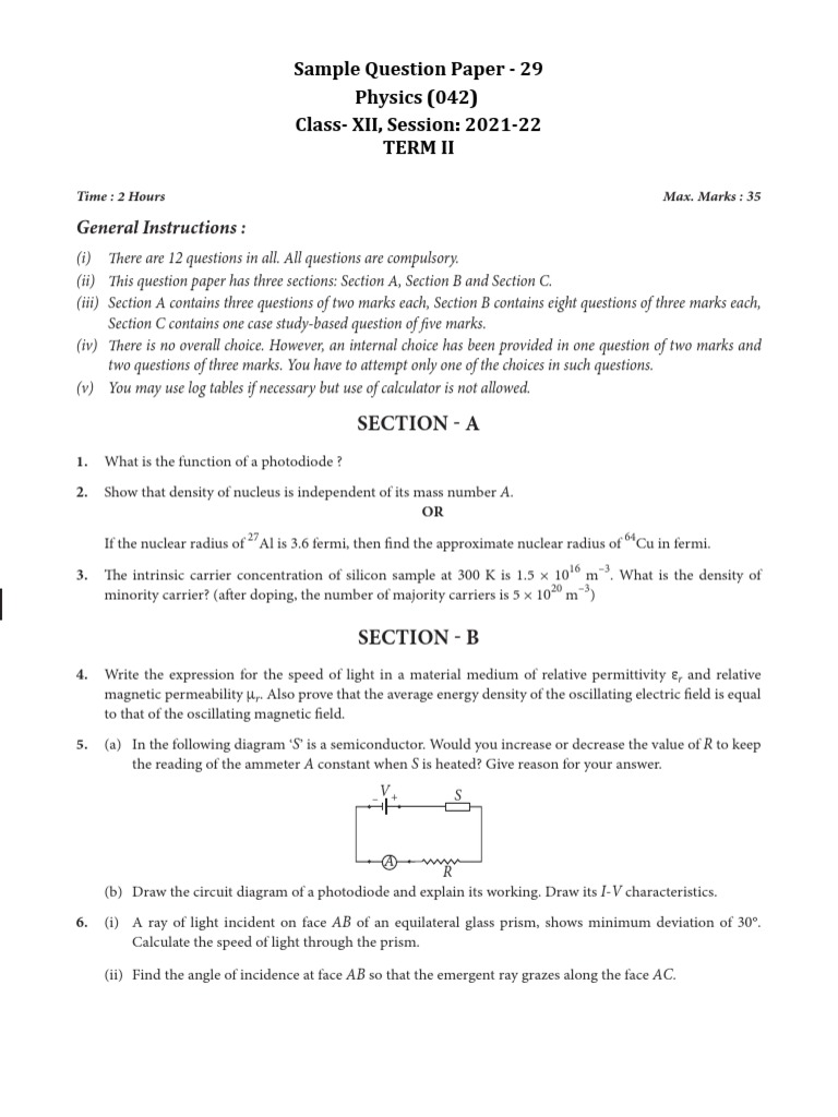 Sample Question Paper - 29 Physics (042) Class- XII, Session: 2021-22 ...