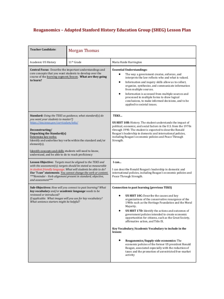 Reaganomics - Lesson Plan | PDF | Educational Assessment | Reading ...