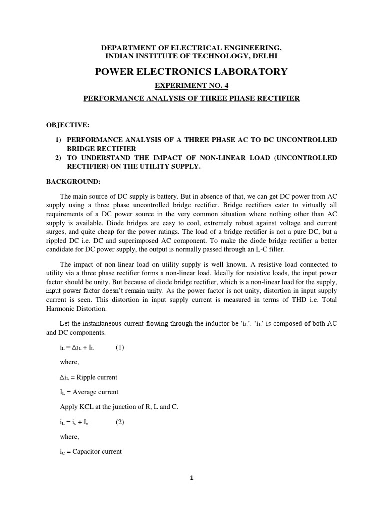 Experiment 4 - Three Phase Uncontrolled Rectifier | PDF | Rectifier | Capacitor
