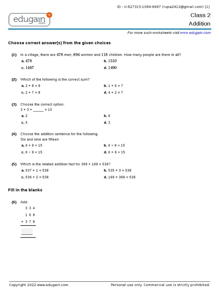 Class 2 Addition: Choose Correct Answer(s) From The Given Choices | PDF