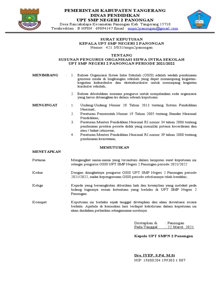 Contoh SK Pengurus OSIS SMP | PDF