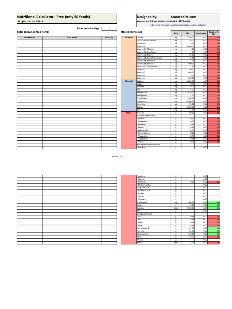 Nutritional Calculator - Free (Only 50 Foods) : Designed by | PDF ...