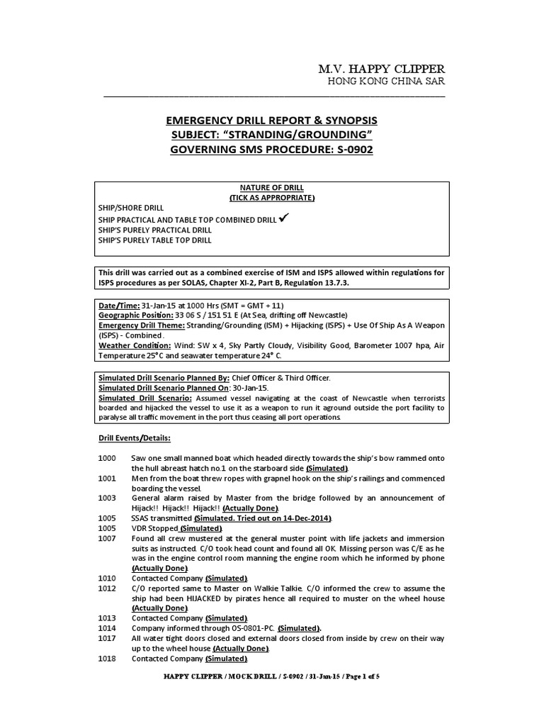 Stranding/Grounding Emergency Drill Report | PDF | Sailor | Transport