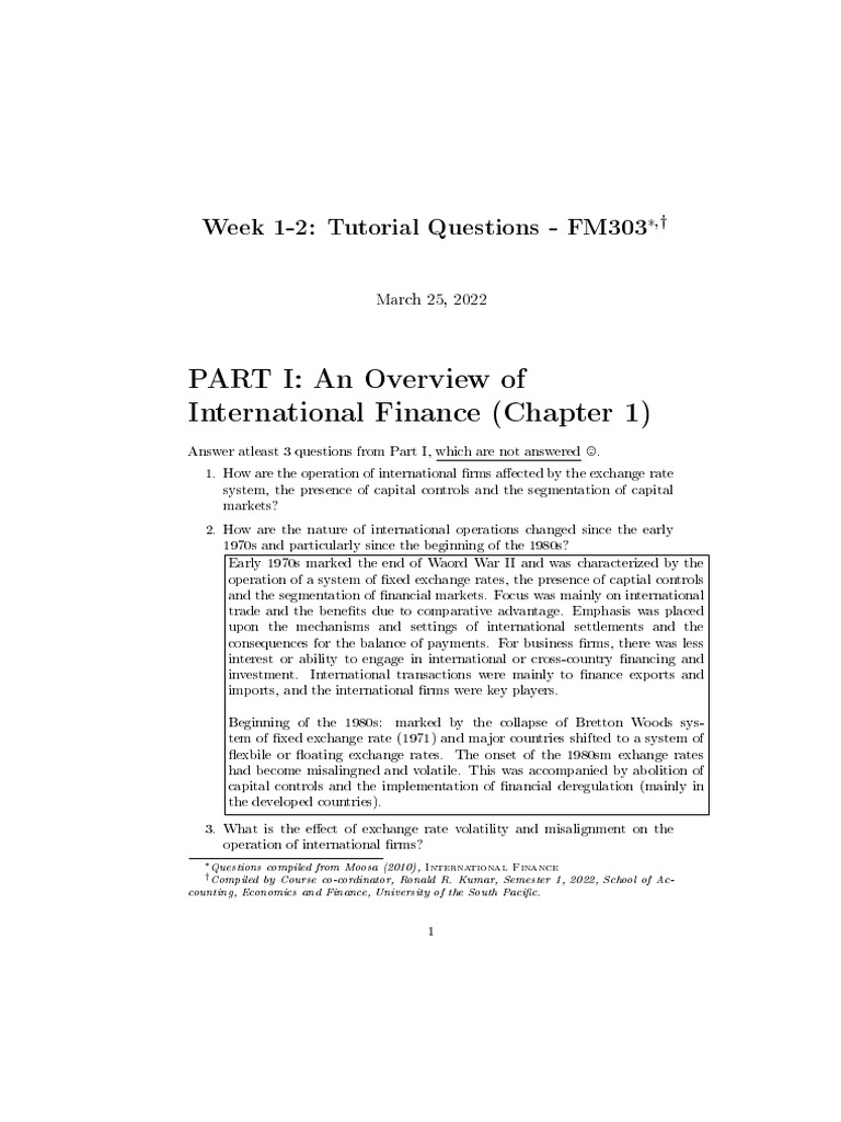 PART I: An Overview of International Finance (Chapter 1) : Week 1-2: Tutorial Questions - FM303 ...