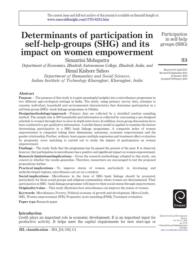 Determinants of Participation in Self-Help-Groups (SHG) and Its Impact ...