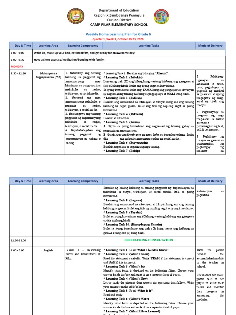 Grade 6 - All Subjects - WHLP - Q1 - W3 | PDF