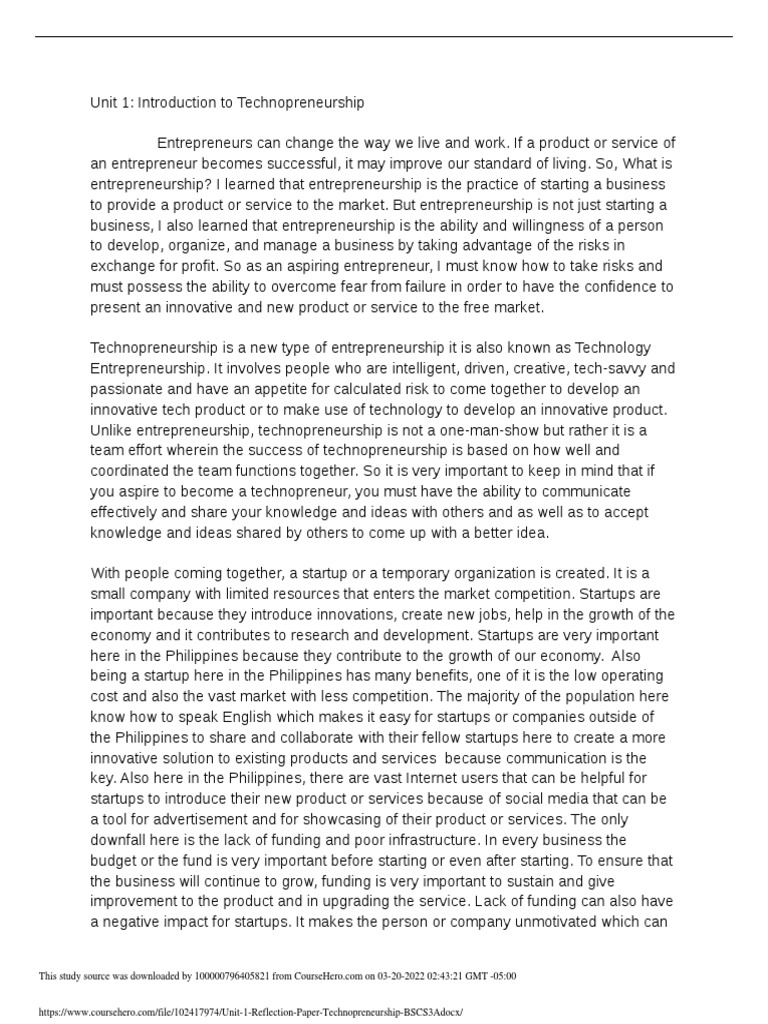 Unit 1 Reflection Paper Technopreneurship BSCS3A | PDF ...