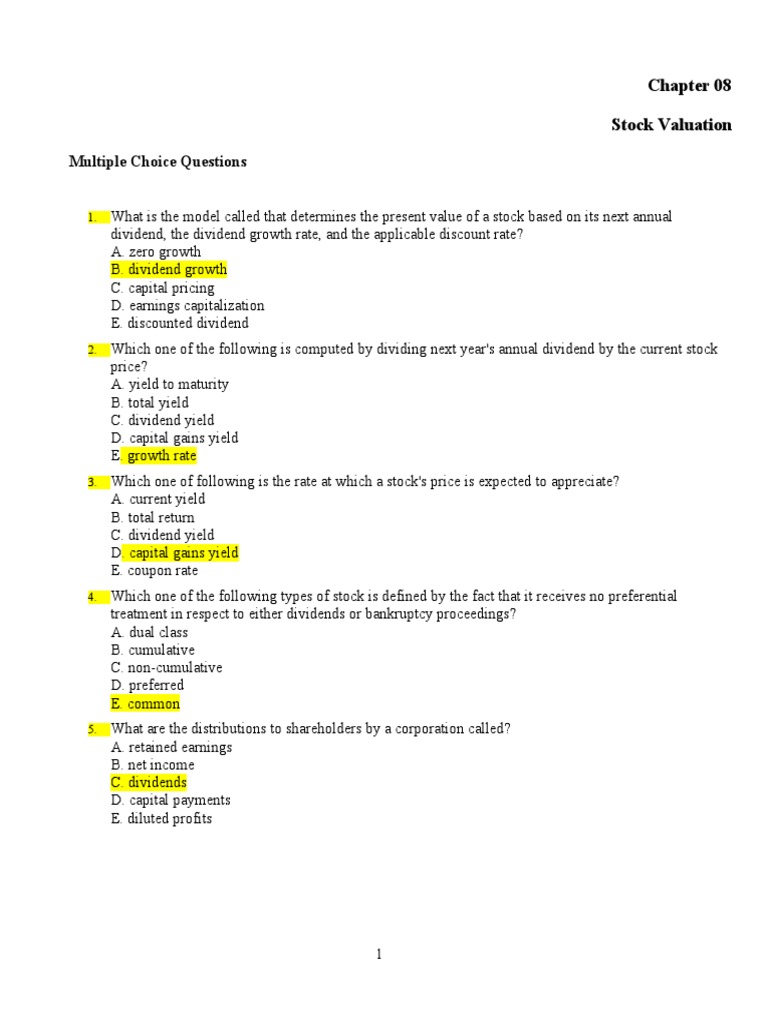 Chapter 8 Multiple Choice Question | PDF | Yield (Finance) | Stocks