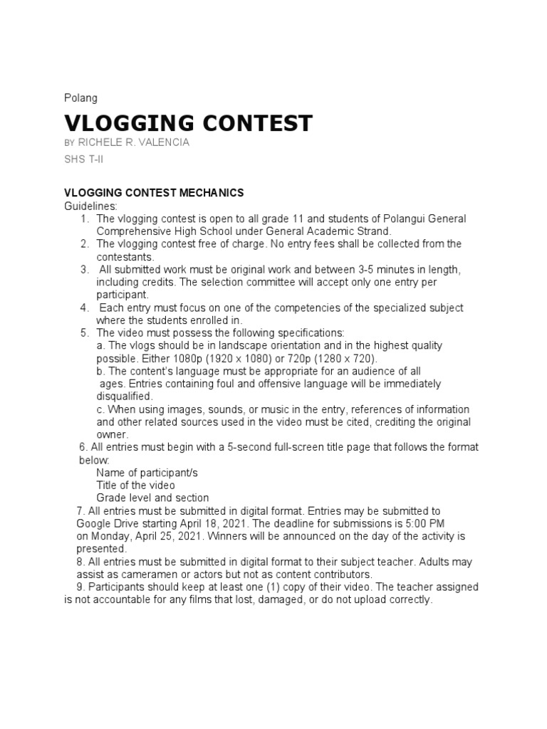 Vlogging Contest Guidelines and Rubrics | PDF | Rubric (Academic) | Video