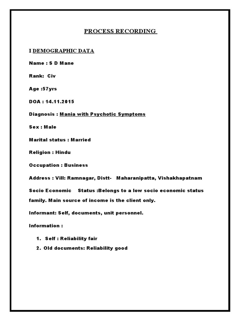 Process Recording: I Demographic Data | PDF | Psychiatric And Mental ...