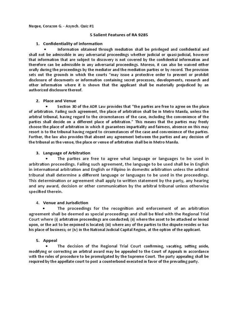 5 Salient Features of RA 9285 | PDF | Arbitration | Appeal