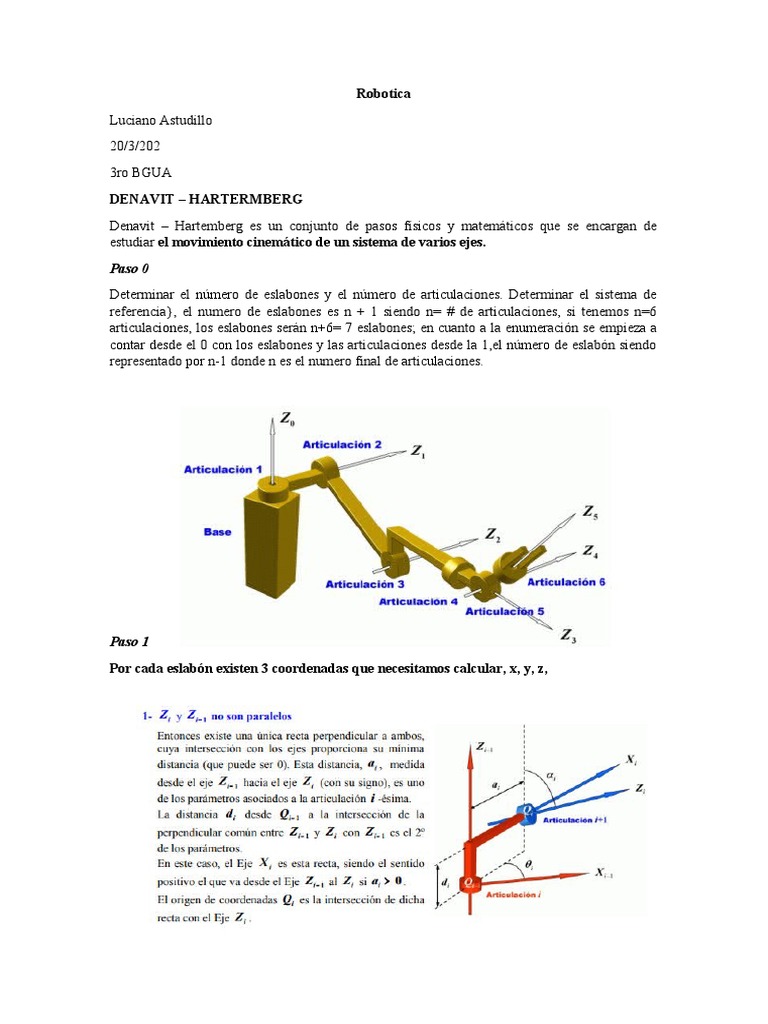 Explicación del algoritmo Denavit-Hartenberg para el análisis cinemático de sistemas de robots | PDF