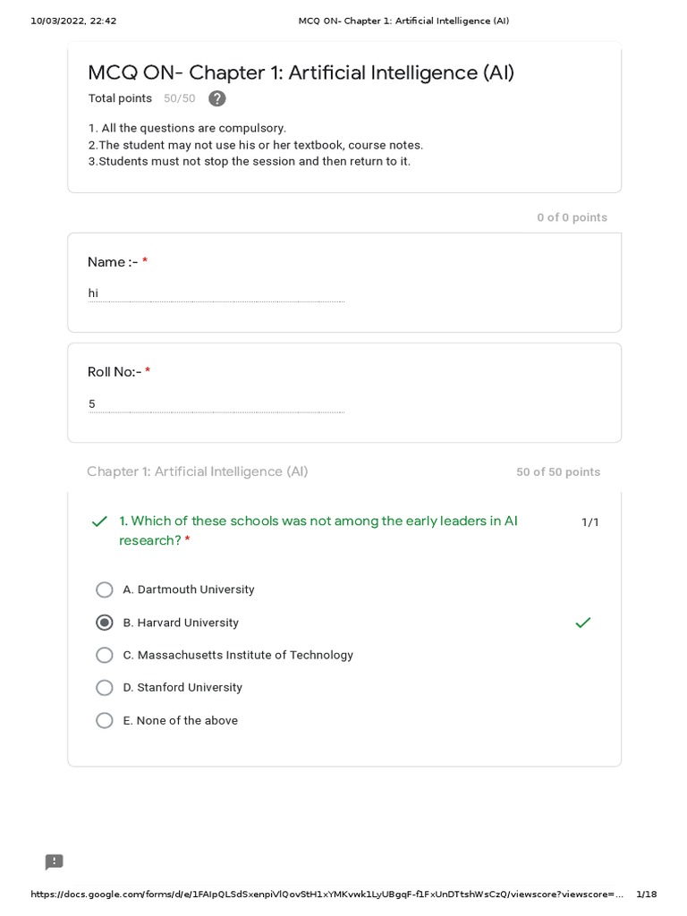Mcq On Chapter 1 Artificial Intelligence Ai Pdf Artificial