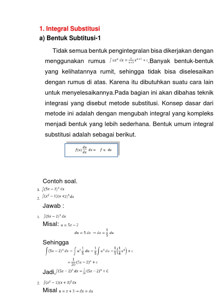 Integral Substitusi: A) Bentuk Subtitusi-1 | PDF
